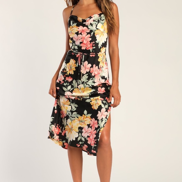 Lulu's | Dresses | Lulus Romantic Wishes Black Floral Print Cowl Neck ...